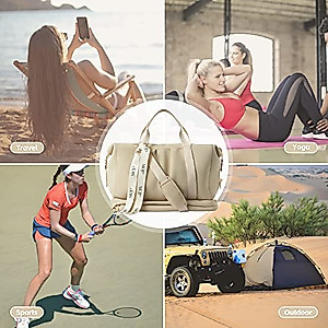 MOIY Gym bag for women with shoe compartment, Water proof weekender bags for women travel, Carry on bags for airplane, Neoprene travel bag, Yoga mat bag, Travel tote with luggage sleeve (Beige)