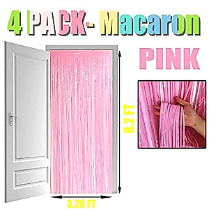 HalloweenDecorate 4 Pack Macaron Pink Foil Fringe Curtain Backdrop, 3.28Ft x 8.2Ft Metallic Tinsel Streamer Curtains, Birthday, Wedding, New Year’s, Christmas Decorations Party Supplies, One Size