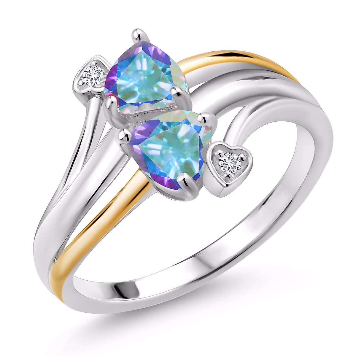 Gem Stone King 1.14 Ct Mercury Mist Mystic Topaz 925 Silver and 10K Yellow Gold 2 Heart Promise Couple Engagement Mother Lab Grown Diamond Ring (Size 8)