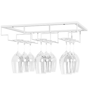 C&AHOME 3-Row Wine Glass Rack, Under Cabinet Stemware Rack, Wine Glasses Holder Storage Hanger, Metal Glass Organizer for Kitchen, Cabinet, Bar, 11.8" L × 9" W × 2.4" H White UWG3R1W