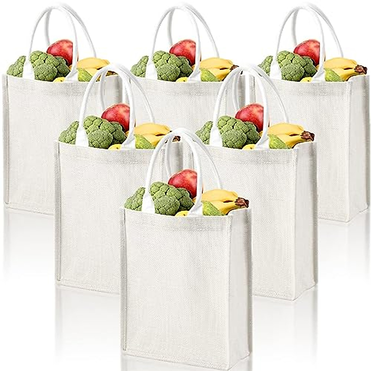 DEAYOU 6 Pack Jute Burlap Tote Bag, Burlap Gift Bag with Handle, Jute Beach Tote Laminated Interior, Reusable Lined Grocery Shopping Bag for Bridesmaid, DIY, Wedding,9.8''x11.8''x3.9'', White