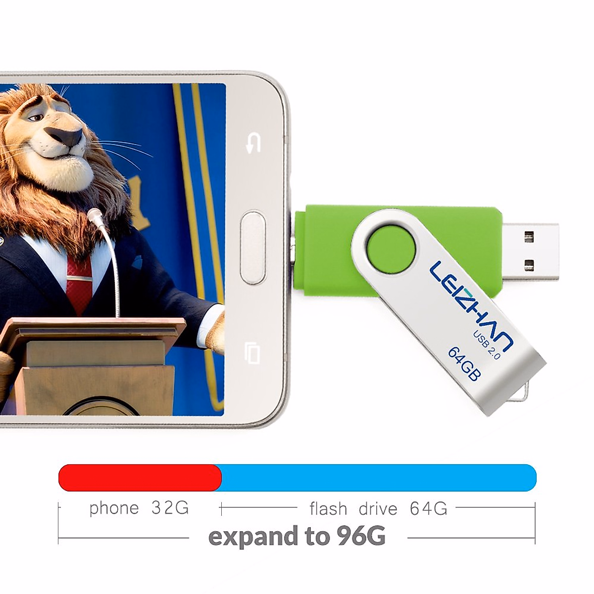 leizhan 64gb Flash Drive for Android Phone, Phone Picture Stick for Samsung Galaxy S7/S6/S5/S4/S3/Xiaomi/Meizu/HTC/Nokia/Moto/Huawei, USB 2.0-Micro,Green