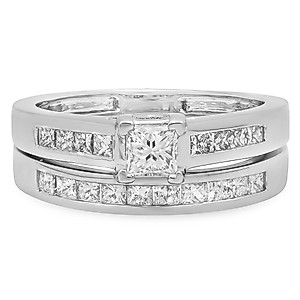 Dazzlingrock Collection 1.00 Carat (ctw) 14K Diamond Bridal Ring Engagement Set Matching Wedding Band 1 CT, White Gold, Size 4.5