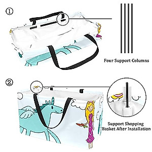 KQNZT Reusable Grocery Bags, Large Foldable Reusable Shopping Tote Bags Bulk for Groceries, Waterproof Kitchen Cloth Produce Bags with Long Handles, Unicorn Cartoon Girl