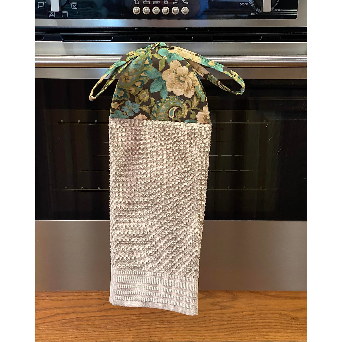 Set of 2 - Teal and Cream Flowers Floral Paisley with Gold on Brown Reversible Ties On Stays Put Tan Kitchen Bathroom Hanging Loop Hand Dish Towels