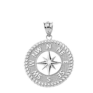Certified 10k White Gold Round Compass Navigation Starburst Pendant