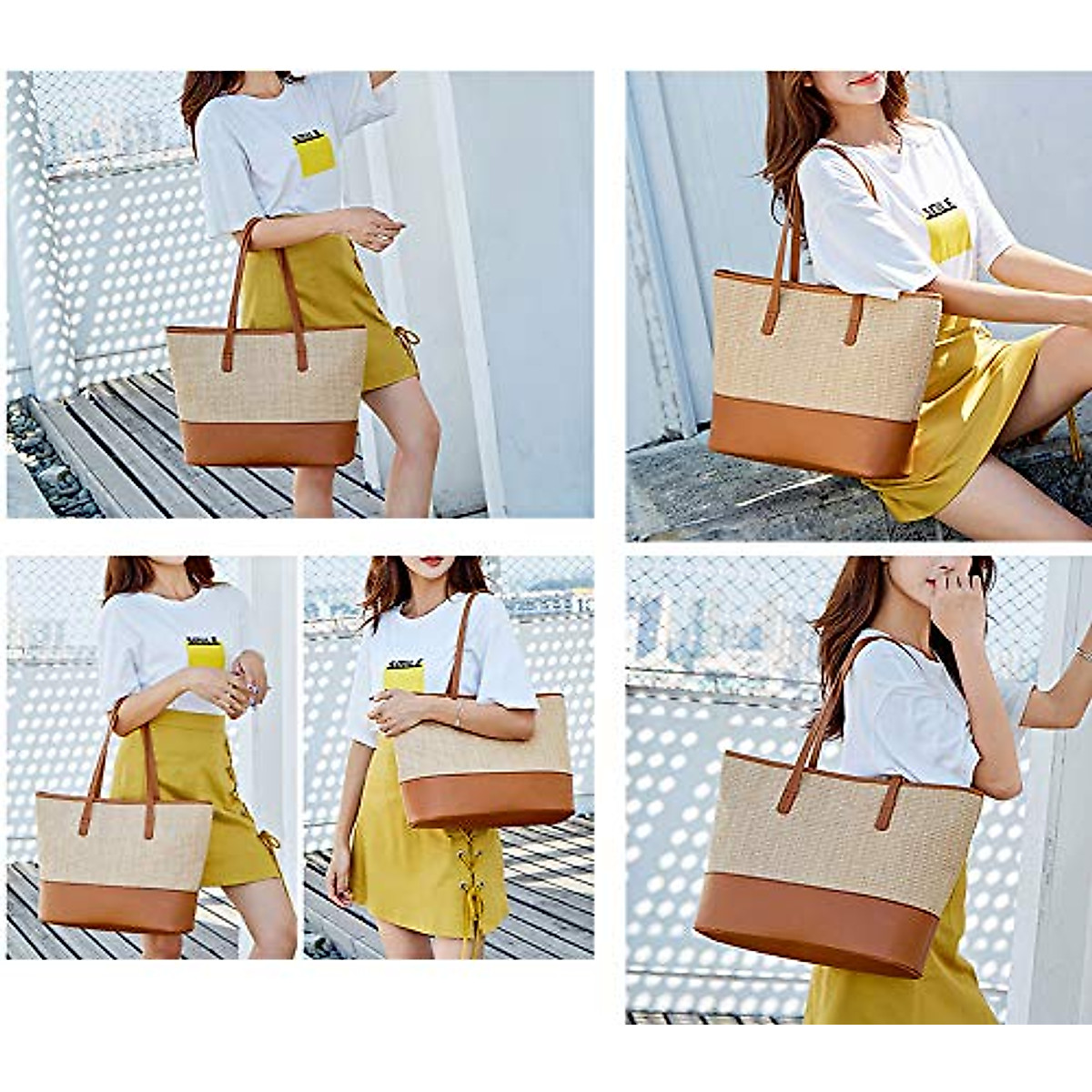 Yoofashion Straw Tote Bag for Women Shoulder Bag Summer Beach Bag Girls Fashion Top Handle Handbag (A110-black)