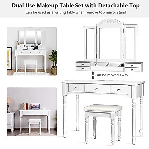 MAT EXPERT Vanity Desk Set with Mirror and 7 Drawers, Makeup Dressing Table w/Cushioned Stool, Dressing Table w/Partitioned Shelf, Modern Tri-Folding Mirror Vanities for Bedroom (White)