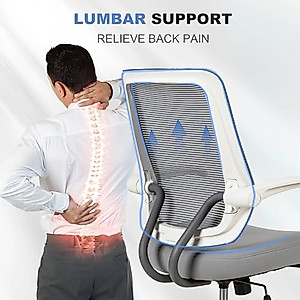 Home Office Desk Chair with Flip Up Armrest, Lumbar Support, Soft Sponge Seat, Breathable Mesh Mid Back Computer Chair, Swivel Task Chair, 300LBS Weight Capacity, Grey