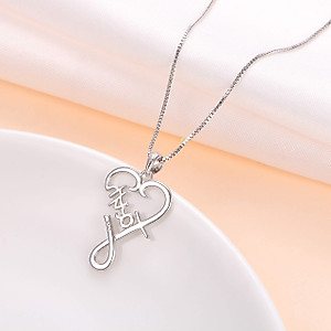 DAOCHONG S925 Sterling Silver Word Calligraphy Jewelry Faith Inspirational Message Charm Love Heart Pendant Necklace For Women Men,18 inches