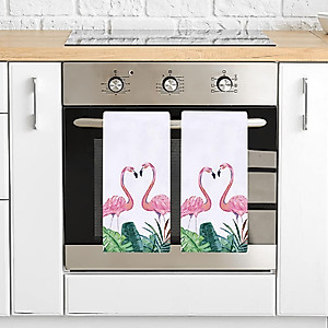 Watercolor Flamingo Kitchen Dish Towel 18 x 28 Inch Set of 2, Seasonal Summer Flamingo Tea Towels Dish Cloth for Cooking Baking