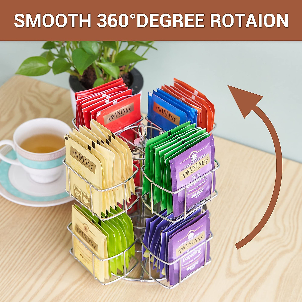 ALhom Tea Bag Organizer, Up to 80 Tea Bags Storage, 360-Degree Carousel, Tea Holder Compatible with Tea Bags, Sugar Packet for Counter, Tea/Coffee Station, Guest Room, Mother's Gift, Tea Lovers