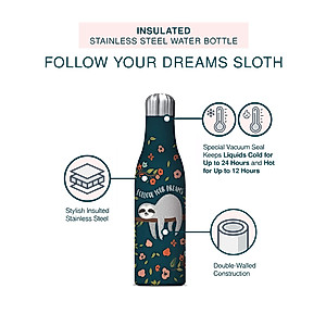 Studio Oh! 17 oz. Insulated Stainless Steel Water Bottle Available in 9 Designs, Follow Your Dreams Sloth