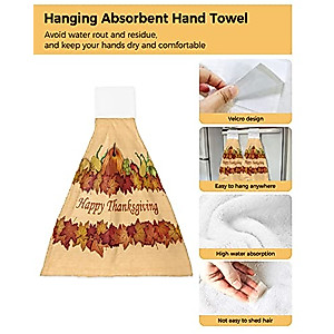Happy Thanksgiving Orange Kitchen Hanging Towel Hand Towels with Loop, 1 Pack Soft Absorbent Tie Towel for Bathroom Farm Crops Pumpkin and Maple Leaves Tea Bar Dish Cloths Home Cleaning Terry