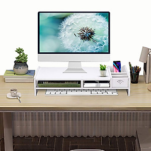 Monitor Stand Riser, Computer Laptop Riser Shelf with Organizer Drawer (White, 19"L x 8"W x 4"H)
