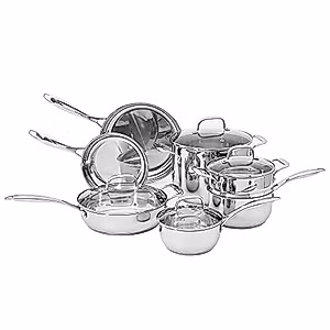 Amazon Basics Stainless Steel 11-Piece Cookware Set, Pots and Pans, Silver