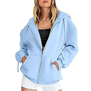 Bloderetu 2023 Zip Up Hoodies For Women Fall Oversized Sweatshirt Y2K Clothing Solid Color Drawstring Jacket With Pockets (Sky Blue-2, XL)