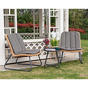3PCS Patio Conversation Set Rattan Patio Furniture Set Adjustable Feet L-shaped Wicker Furniture Set with Portable Table Outdoor Patio Bistro Set Soft Cushions Detachable Balcony Backyard Deck