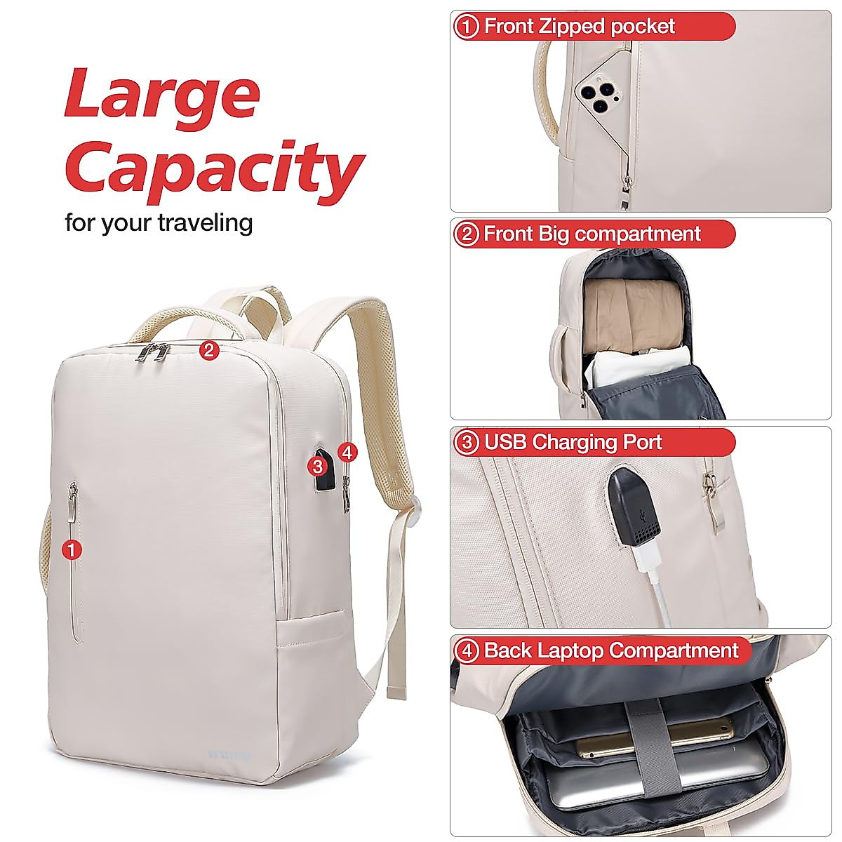 MTLVYS Travel Backpack for Women, Underseat Carry On Traveling Backpack for Airlines 18x14x8 Inches, Flight Approved Luggage Personal Item, Waterproof Backpack with Charging Port for Spirit Frontier