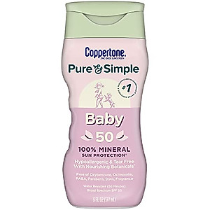 Coppertone Pure and Simple Sunscreen SPF 50 Lotion with Zinc Oxide Mineral for Babies, Tear Free, Water Resistant, Broad Spectrum, 6 Fl Oz Bottle