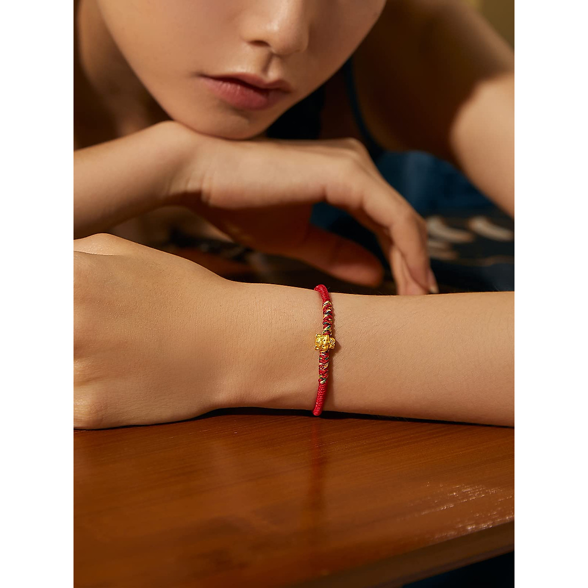 ZHOU LIU FU 24K Solid Gold Bracelet, Real Pure Gold Jewelry Charm Red Braided Bracelets Dainty Lucky Chinese Zodiac Tiger Ruyi Ingot Chain for Women Men Girlfriend