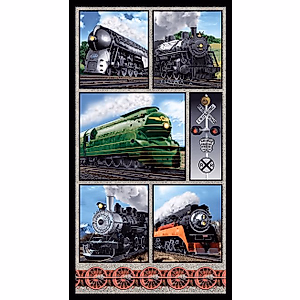 Blank Quilting 24"" X 44"" Panel Trains Railroad Locomotives Transportation On The Right Track Cotton Fabric Panel (B-3083P-70)