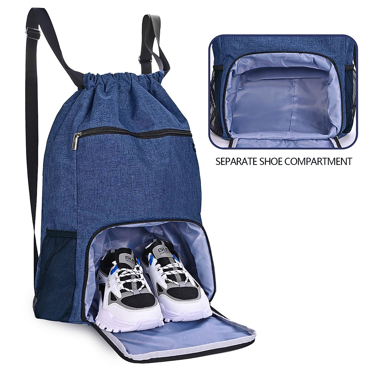 BAVELOE Drawstring Backpack Sports Gym Bag Wet Pocket & Shoe Compartment, Water-Resistant String Bag for Women Men(Navy Blue)