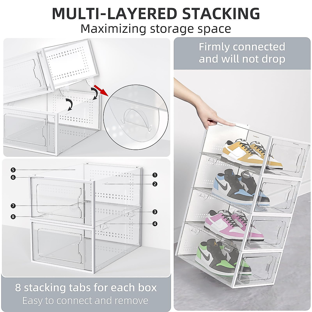 Elechomes Shoe Boxes Clear Plastic Stackable, 18 Pack Premium Shoe Organizer Storage for Closet Space Saving Foldable Shoe Rack Containers, Sneaker Display Case Holder Shoe Bin for Entryway Drawers