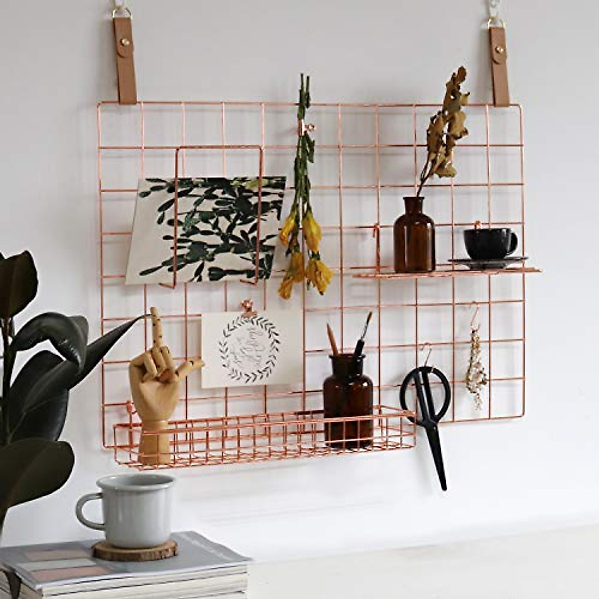 FRIADE Rose Gold Metal Wire Wall Grid Panel for Photo Display,Display Ledge,Wall Organizer for Living Room,Bedroom，10 Metal Clips&2 Leather Straps&3 Nails Offered,Set of 1 (Rose Gold:25.5”x17.7”)