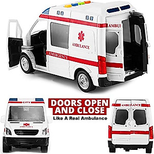 Liberty Imports Ambulance Toy Car with LED Lights & Siren Sound Effects - Friction Powered Wheels Plastic Rescue Vehicle Toy for Kids & Toddlers