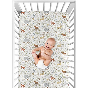 Sweet Jojo Designs Woodland Boy Girl Jersey Stretch Knit Baby Fitted Crib Sheet for Soft Toddler Bed Nursery - Grey, Green and Brown Forest Animal Toile Bear Deer Fox