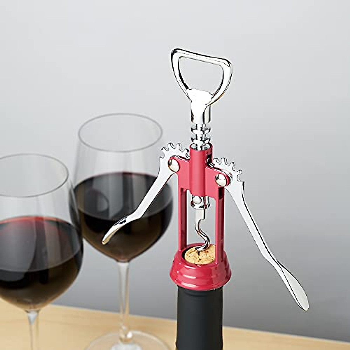 True Soar Winged Corkscrew Wine Opener - Self Centering Worm, Stainless Steel, Manual Wine Bottle Opener, Red