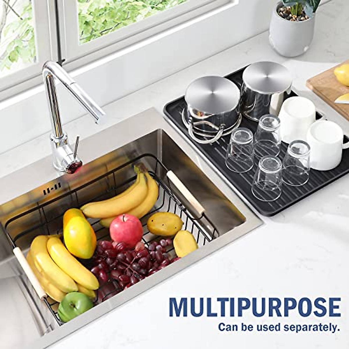 TOOLF Dish Drying Rack, High-Sided Dish Rack for Kitchen Counter, Dish Drainer with Utensil Holder and Drainboard, Small Sink Drainer for Sink, Black