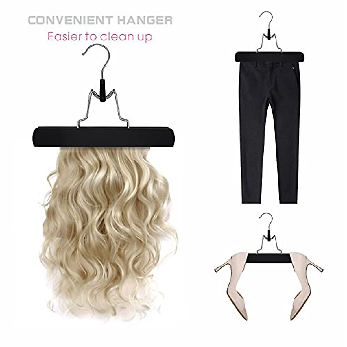 High-Grade Wooden Slack Hangers for Hair Extensions Carrier Holder,Wood Pants Hangers with 360° Swivel Hook, Non Slip Wood Skirt Hangers