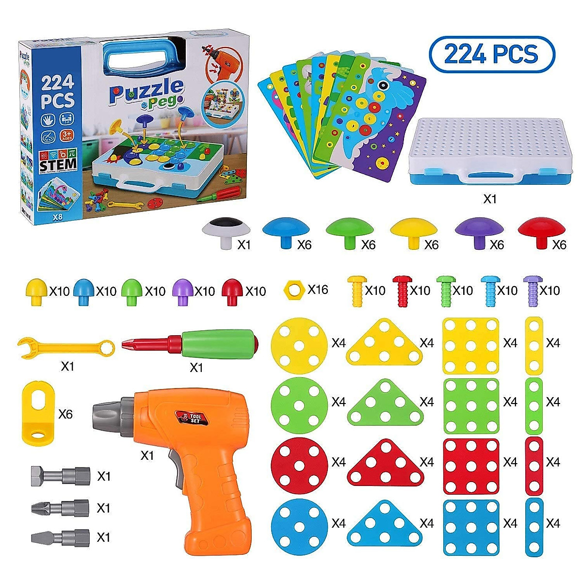 Creativity Tool Box with Drill Screwdriver Toy Set, STEM Building Toys for Kids 3+ Year Old, Creative Building Blocks Pegboard Kits for Boys & Girls 3 4 5 6 7 8 Year Old