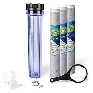 20 x 2.5-Inches Transparent Slim Whole House Water Filter Purifier System with Presser Relief Button, 1” Inlet/Outlet Port & Yearly Supply (3) Coconut Shell Activated Block Carbon Cartridges 5 Micron