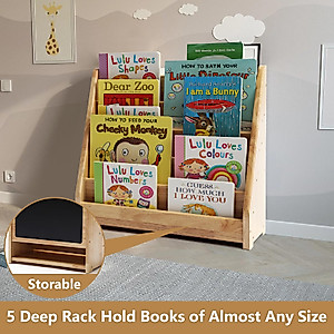 Nuoex Montessori Bookshelf for Toddler 1-5 Years, Kids Wooden 5-Tier Front Facing Book Display Shelf with Chalkboard for Bedroom,Playroom,Classroom,Book Rack Organizer, Natural