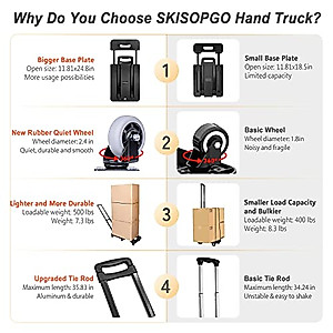 SKISOPGO Foldable Hand Truck, Luggage Cart with 2 Elastic Ropes, 500 Lbs Capacity Heavy Duty Dolley, Platform Trucks with 6 Wheels Hand Trucks Moving Travel Telescopic Rod Fully Hidden Design (Black)