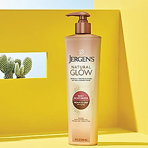 Jergens Natural Glow Sunless Tanning Lotion, Medium to Deep Self Tanner Tone, 10 Ounce Daily Moisturizer Pump, featuring Antioxidants and Vitamin E, (2 Pack)