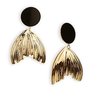 Sonateomber Gold Mermaid Fishtail Drop Dangle Statement Earrings For Women Big Black Dome Fish Tail Ginkgo Leaf Dangly Summer Ocean Beach Prom Jewelry Gift
