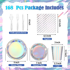 168 Pcs Iridescent Laser Birthday Party Tableware Set, Shiny Iridescent Dessert Plates Cups Sparkle Holographic Foil Napkins for 24 Guest Disco Bridal Wedding Christmas Iridescent Party Decoration