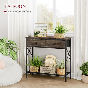 Tajsoon Console Table with 2 Fabric Drawers, 2-Tier Industrial Entryway Table with Storage Shelves, 31.5'' Narrow Sofa Table, Display Shelf for Entryway, Hallway, Living Room, Foyer, Greige