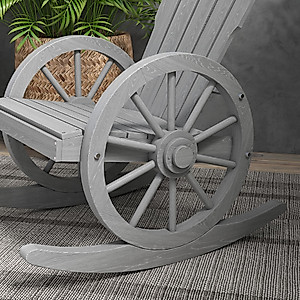 Outsunny Wooden Rocking Chair, Adirondack Rocker Chair w/Slatted Design and Oversized Back, Outdoor Rocking Chair with Wagon Wheel Armrest for Porch, Poolside, and Garden, Gray