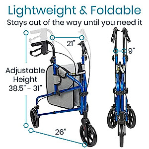 Vive Mobility 3 Wheel Walker - Three Wheeled Rollator for Seniors - Lightweight, Foldable, Narrow, Heavy Duty - for Elderly Men Women - Folding 3-Wheel Tri Scooter with Basket Bag (FSA HSA Approved)