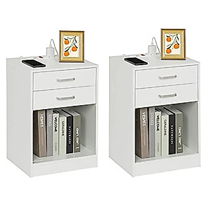 Tiptiper Nightstand Set of 2 with Charging Station, White Night Stands for Bedroom, End Table Side Stand Cabinet, Bedside Table with Drawers