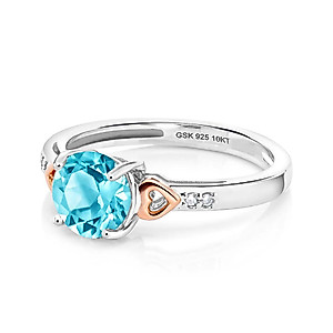 Gem Stone King 925 Sterling Silver and 10K Rose Gold Round Swiss Blue Topaz with Diamond Accent Engagement Ring For Women (1.41 Cttw, Gemstone Birthstone, Available In Size 5, 6, 7, 8, 9)