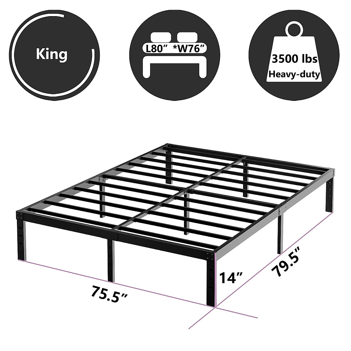 QUALEONA King-Bed-Frame, Metal Platform King Size Bed Frame, No Box Spring Needed, Heavy Duty Steel Slat Support, Noise Free, Easy Quick Assembly, 14 Inch, Black