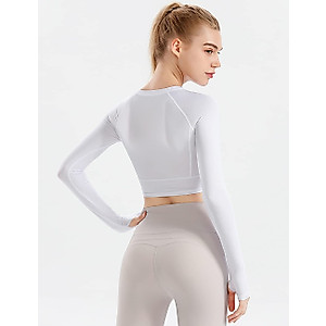 Women Fitness Seamless Long Sleeve Crop Workout Yoga Tops Gym Running Thumb Hole Shirts White L