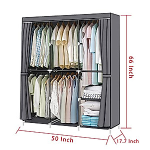 YOUUD Portable Closet 50 Inch Wardrobe Closet for Hanging Clothes with Non-Woven Fabric Cover and Hanging Rods, Quick and Easy Assembly, Grey