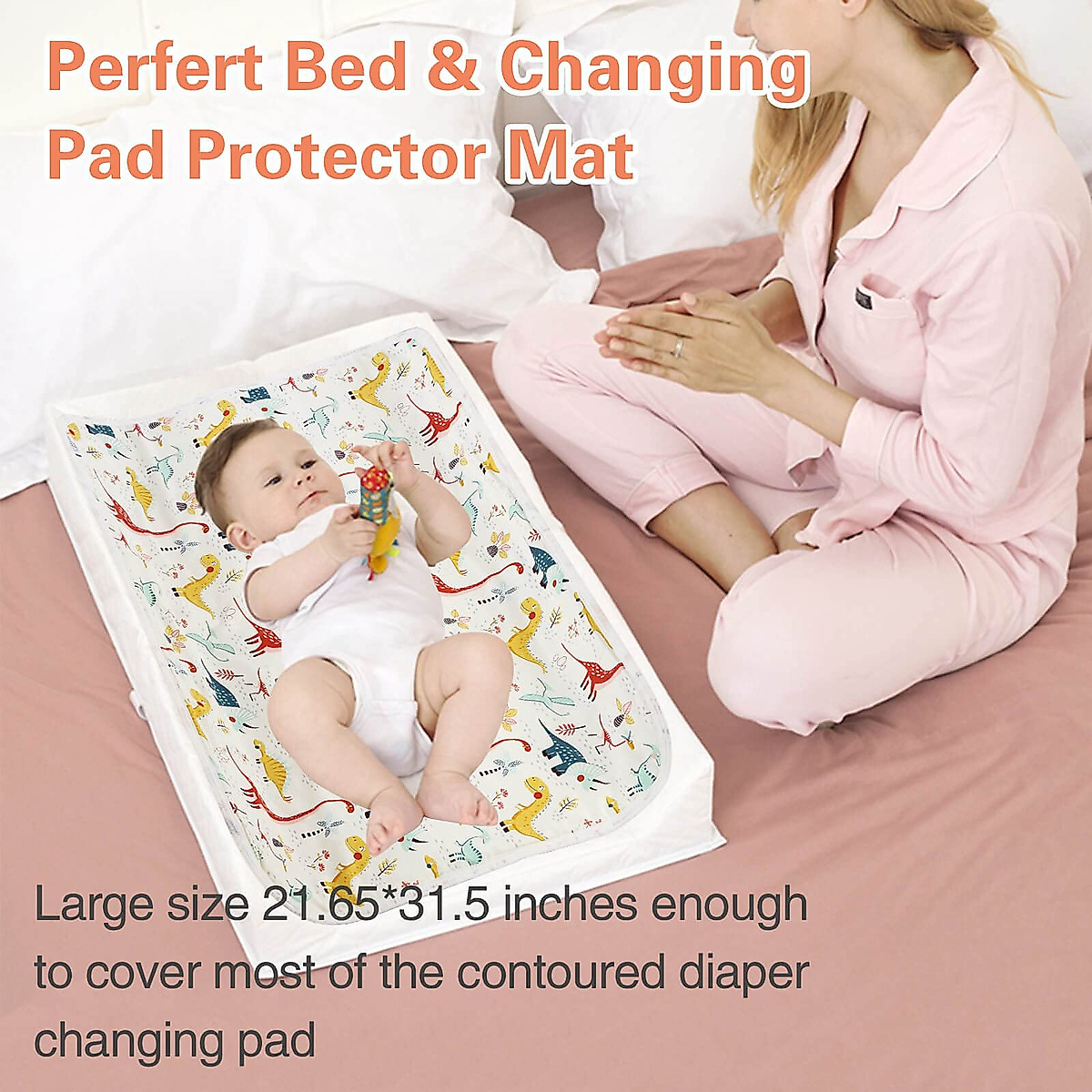 Baby Diaper Changing Pad, 21 5/8" x 31.5" Waterproof Changing Pad Liners 2Pack - Reusable Soft and Absorbent Portable Changing Mat(Dinosaur2PCS)